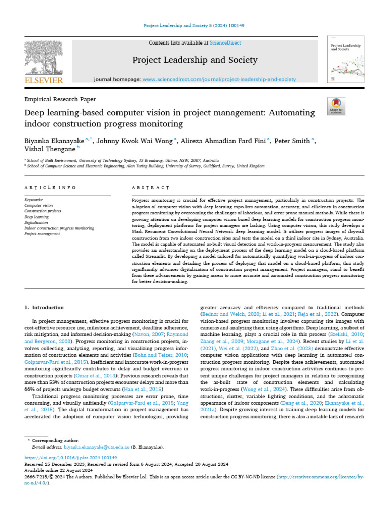 Deep Learning Based Computer Vision in Project Manageme - 2024 - Project Leaders | PDF