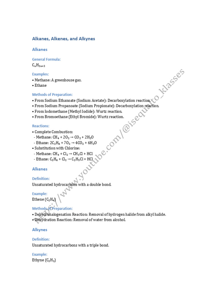 Alkanes Alkenes Alkynes Short Notes | PDF