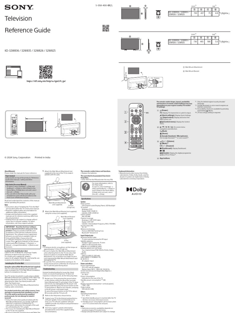Reference Guide Television: KD-32W836 / 32W835 / 32W826 / 32W825 | PDF