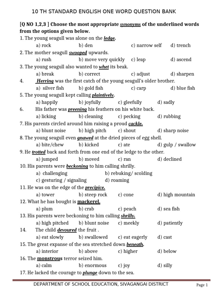 QUESTION BANK 10th English | PDF