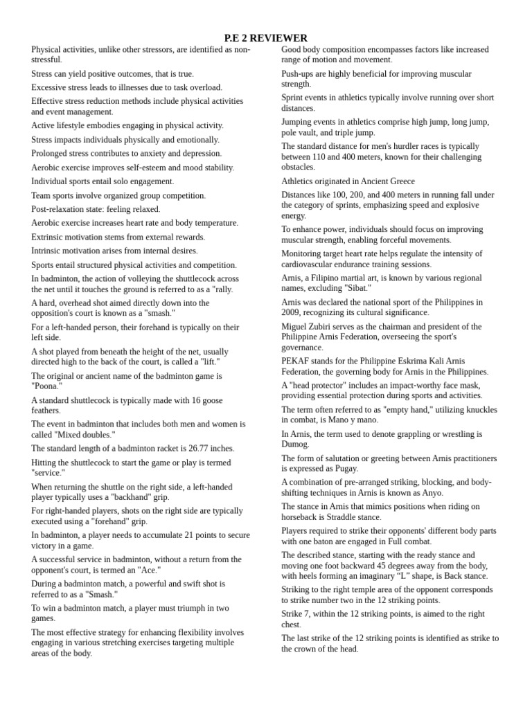 G11 Pe 2 Exam Reviewer | PDF