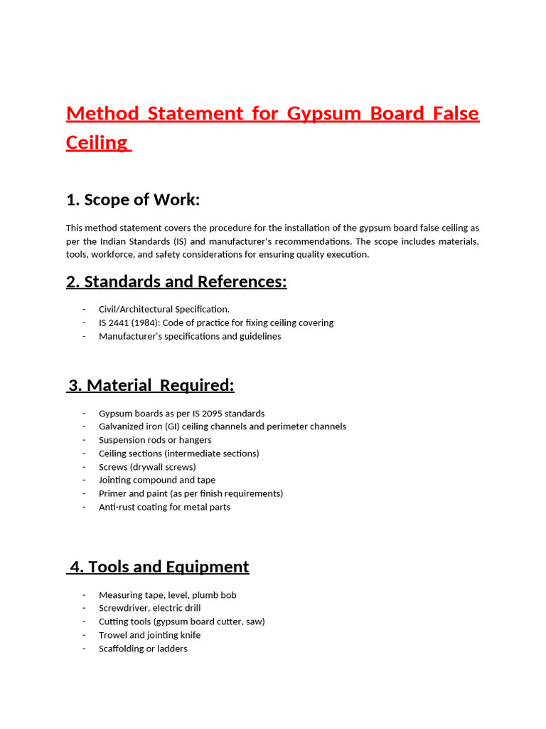 Method Statement For Gypsum Board False Ceiling | PDF