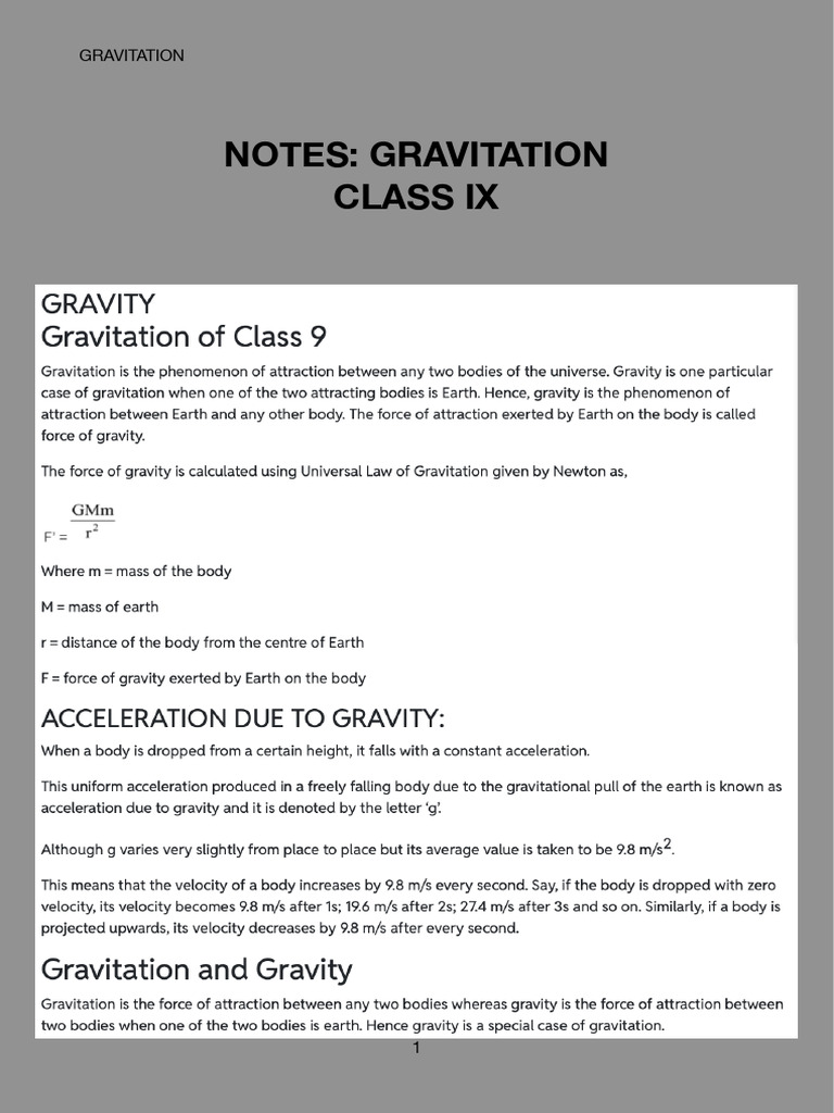 Graviation Notes Class 9 | PDF