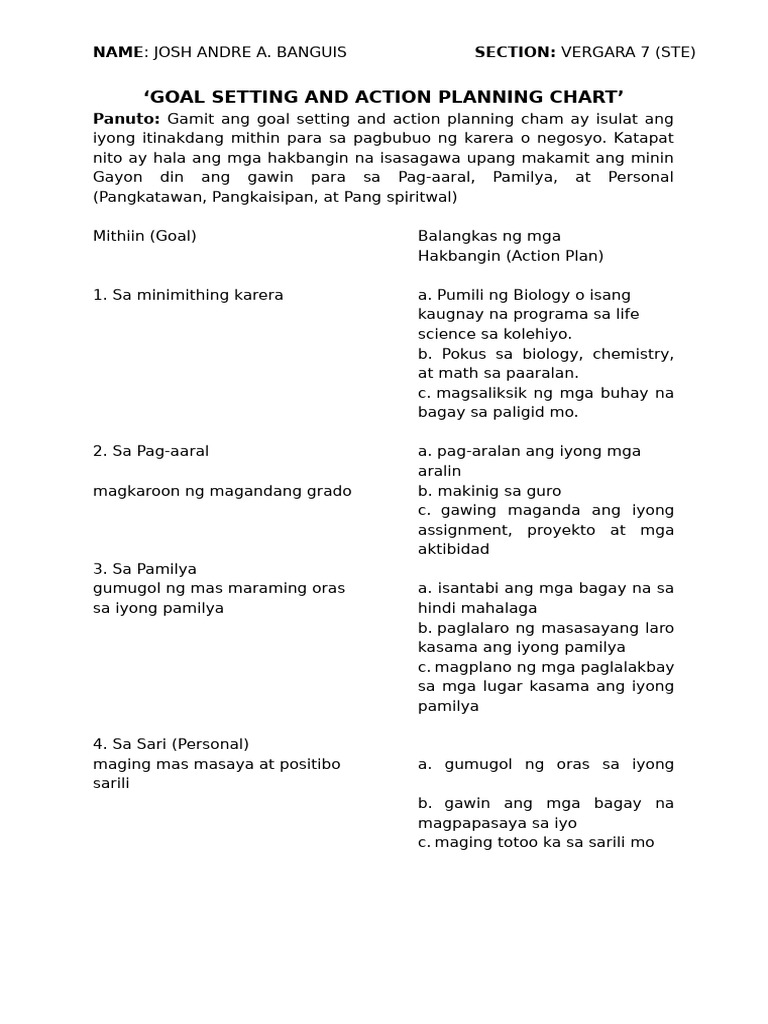 Goal Setting and Action Planning Chart | PDF