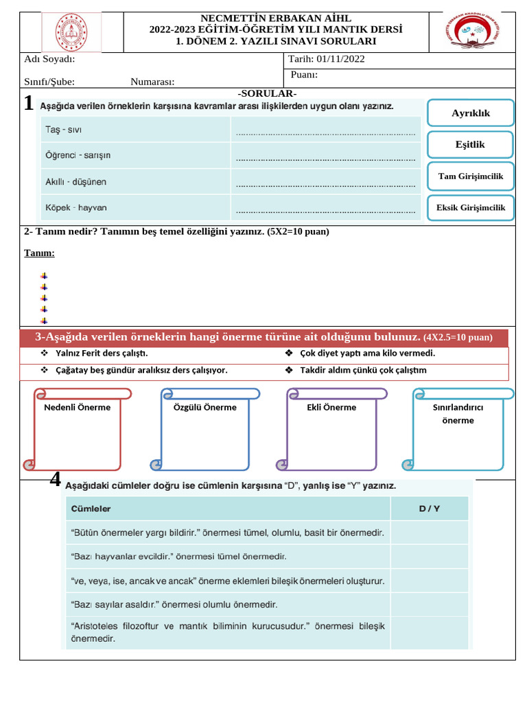 Mantik 1.donem 2.yazili Sorulari Klasik | PDF