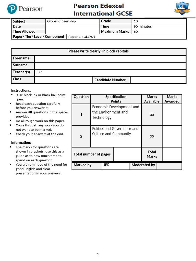Pearson Igcse Exam Template | PDF