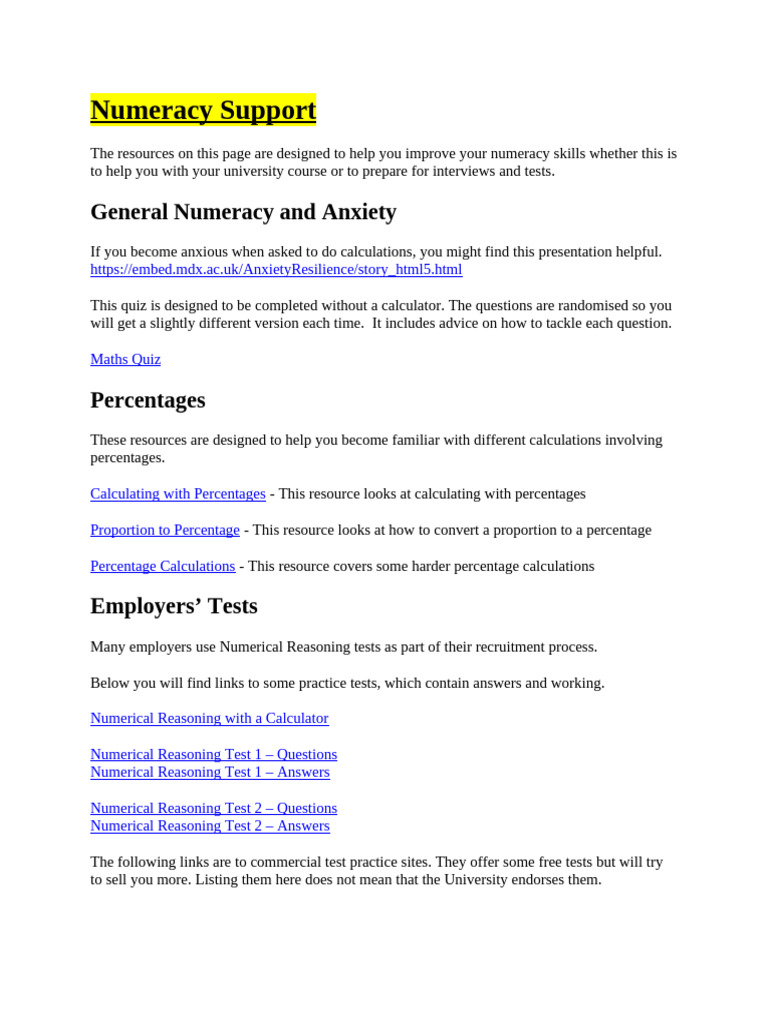 Numeracy Support | PDF