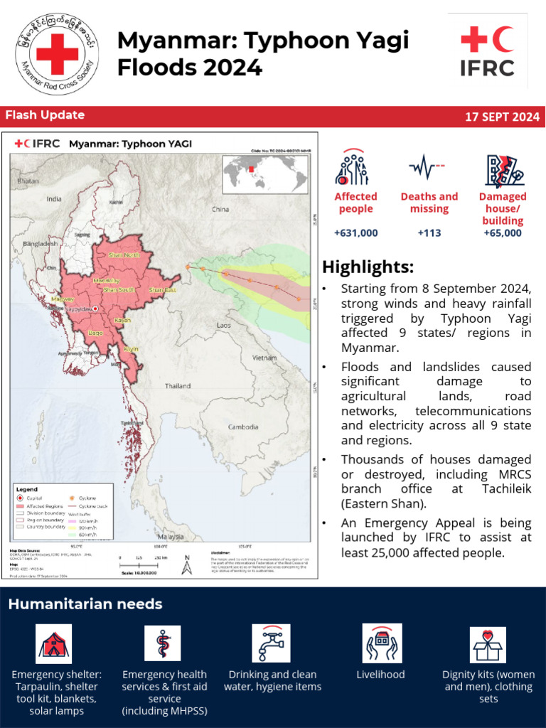 Flash Update Myanmar Typhoon Yagi Floods 2024 MRCS-IFRC 17sep2024 | PDF | Flood | Wash