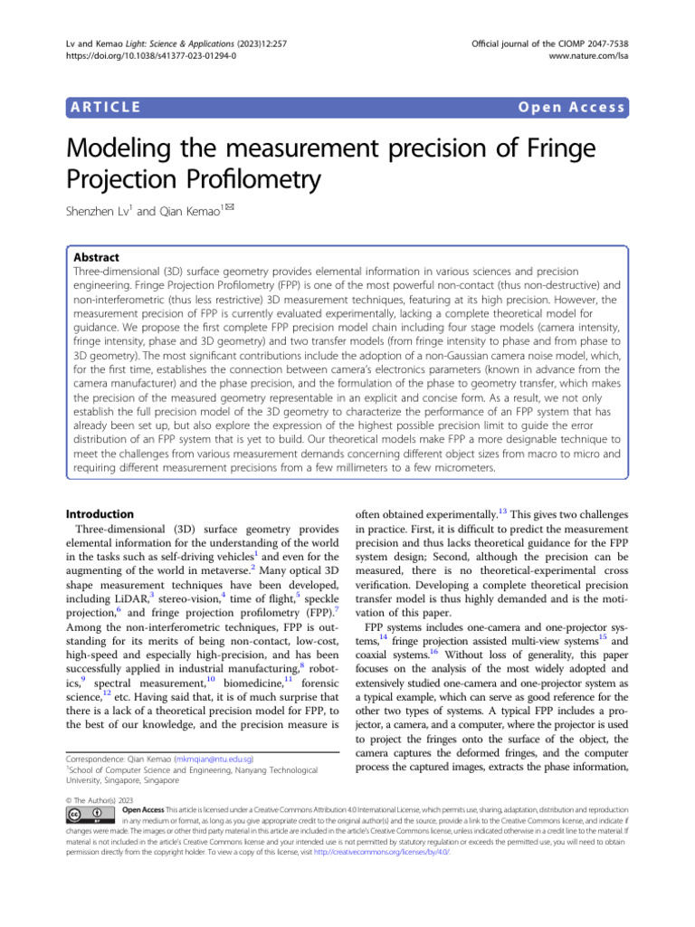 Modeling The Measurement Precision of Fringe Projection Pro Lometry | PDF