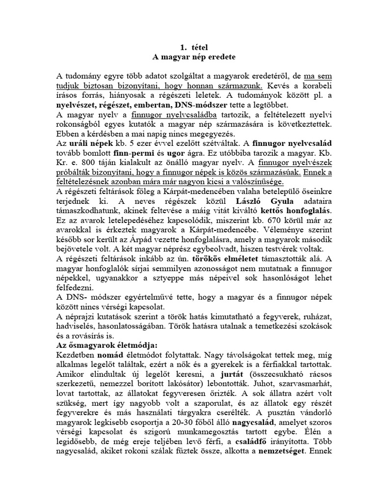 1.tétel A Magyar Nép Eredete | PDF