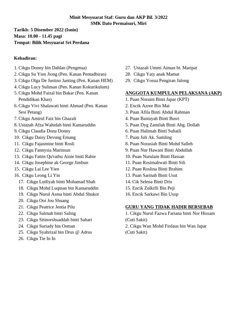 Minit Mesyuarat Staf 3 2022 (Petang) | PDF