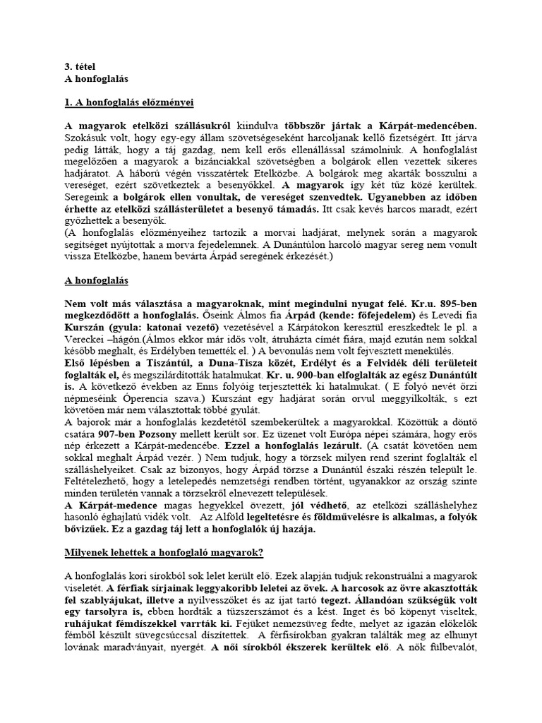 Tétel A Honfoglalás | PDF