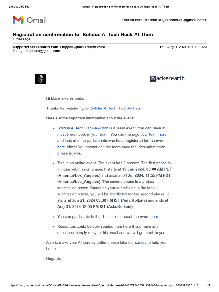 21BCG1029 L Gmail - Registration Confirmation For Solidus Ai Tech Hack-AI-Thon | PDF | Email | Gmail