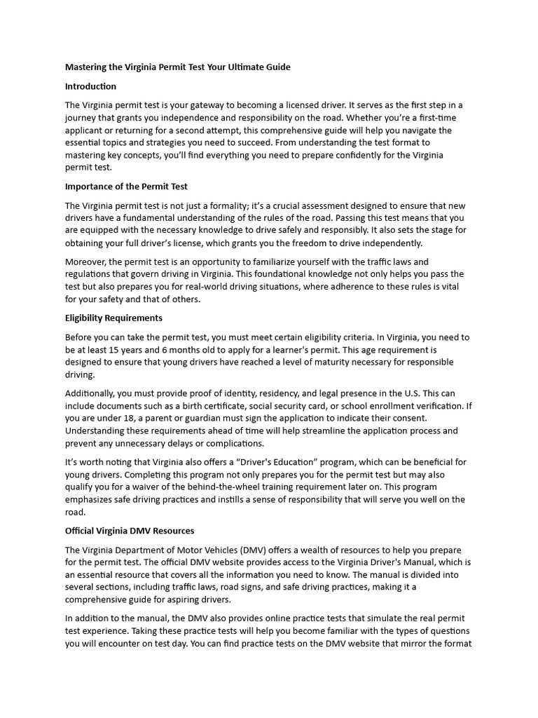 Virginia Permit Test Study Guide | PDF | Traffic | Business
