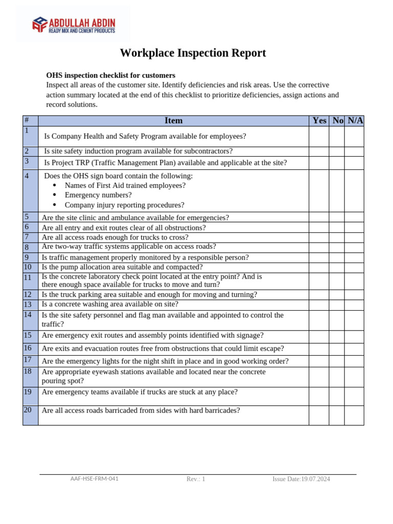 AAF HSE FRM 041 AAF OHS Workplace Inspection Checklist - Rev 001 | PDF