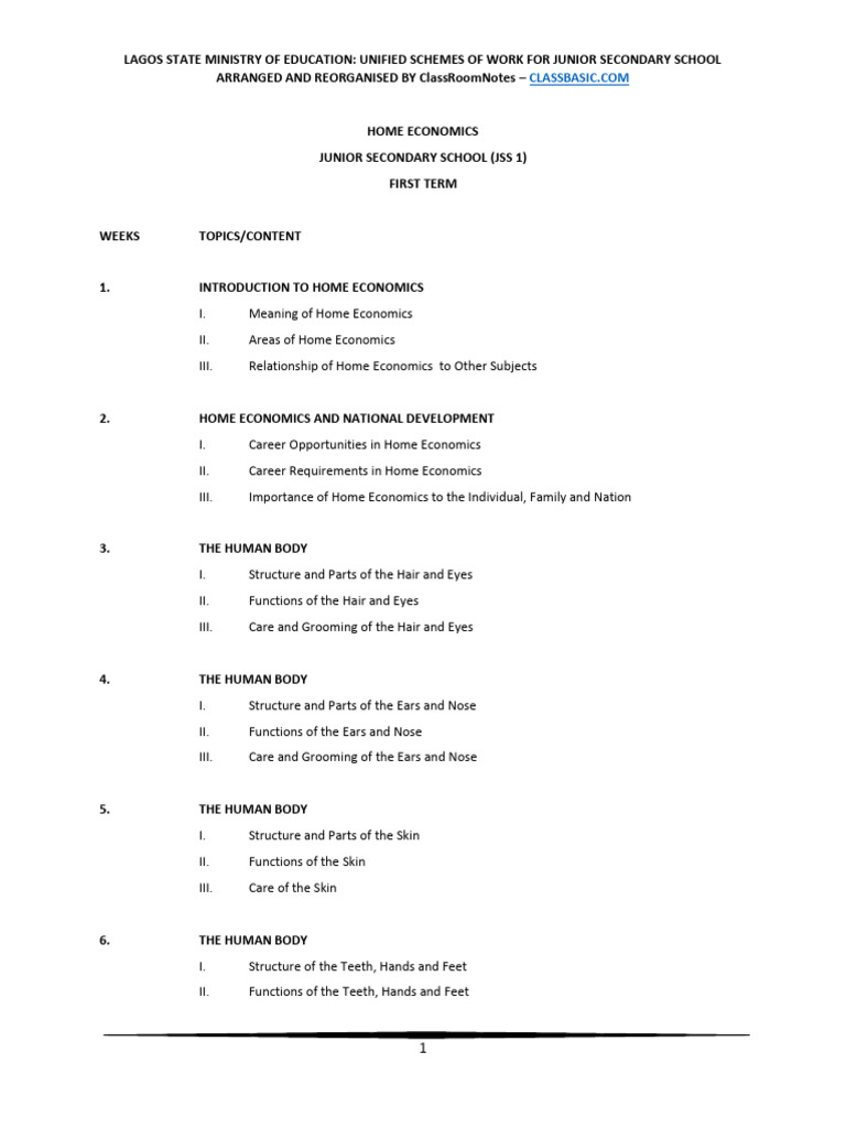 Home Economics Scheme of Work For Junior Secondary Schools JSS 1 | PDF