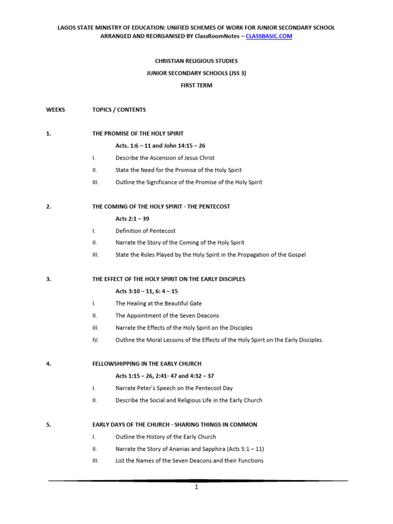 Christian Religious Studies Scheme of Work For Junior Secondary Schools ...