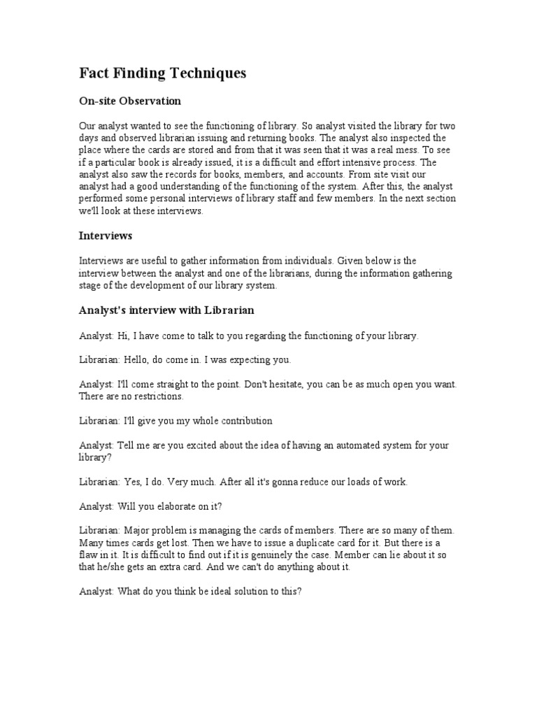 Fact Finding Techniques: On-Site Observation | PDF | Librarian | Libraries