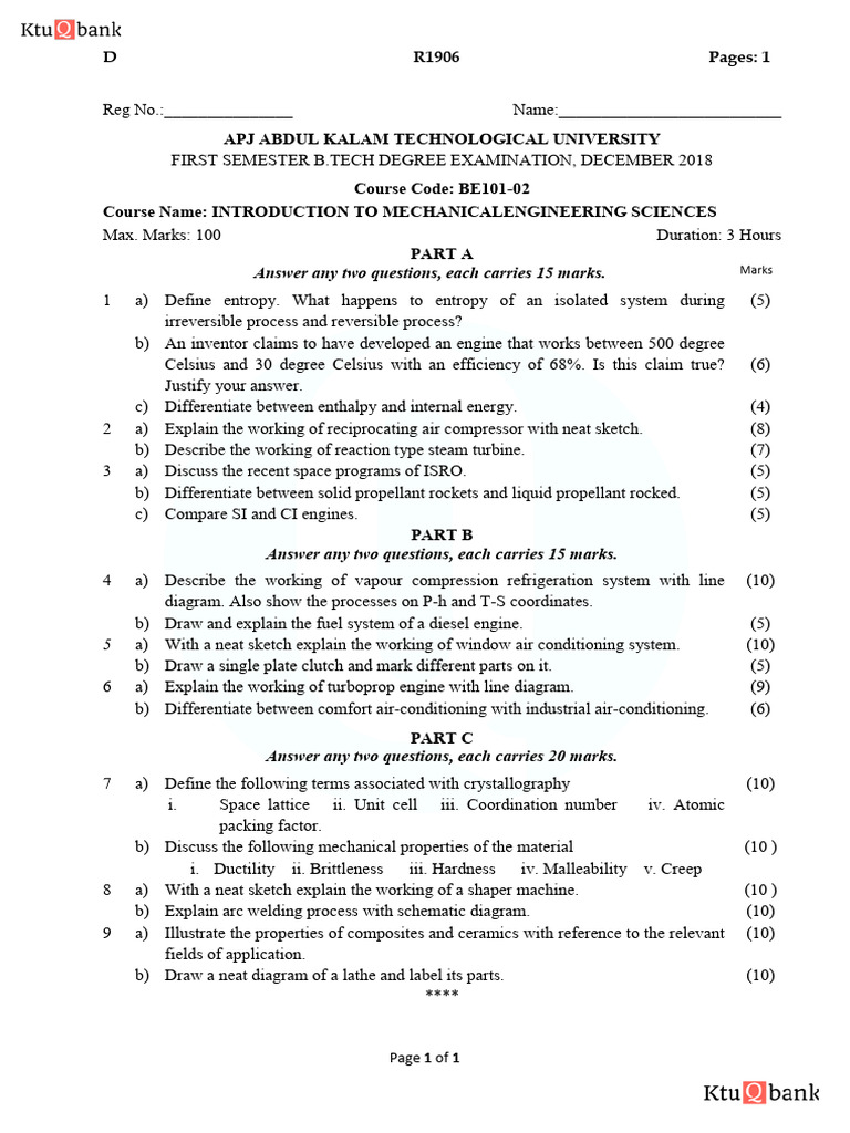 8 - 2018 Dec. BE10102-F (R) - Ktu Qbank | PDF | Engines | Ductility