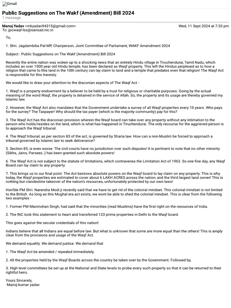 Gmail - Public Suggestions On The Wakf (Amendment) Bill 2024 | PDF