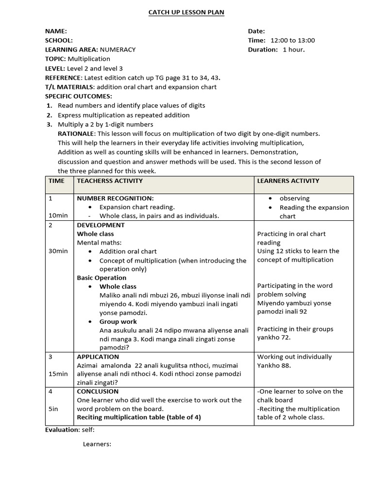 New Catch Up Numeracy Lesson Plan Level 2 and 3 | PDF | Multiplication ...