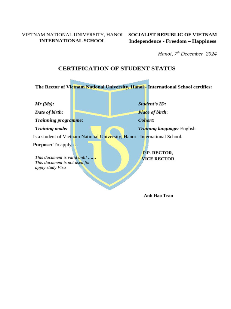 0. CERTIFICATION OF STUDENT STATUS | PDF