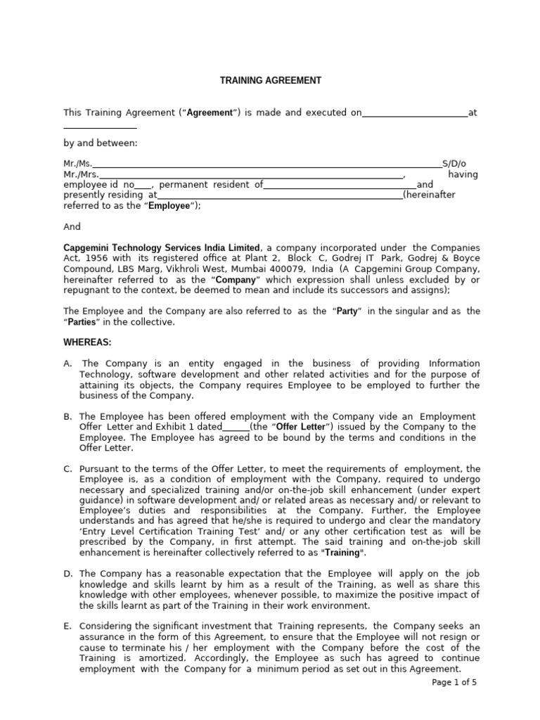 Capgemini CG - Training Agreement - BE | PDF