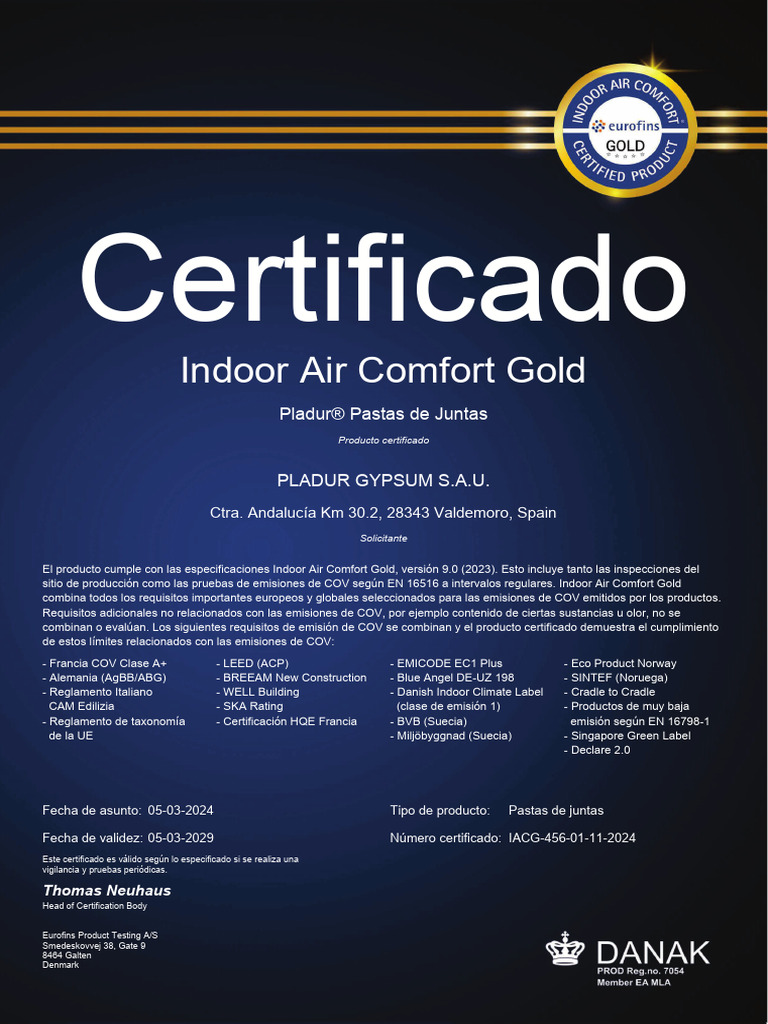 Certificado Iac Gold Pastas Pladur Es | PDF