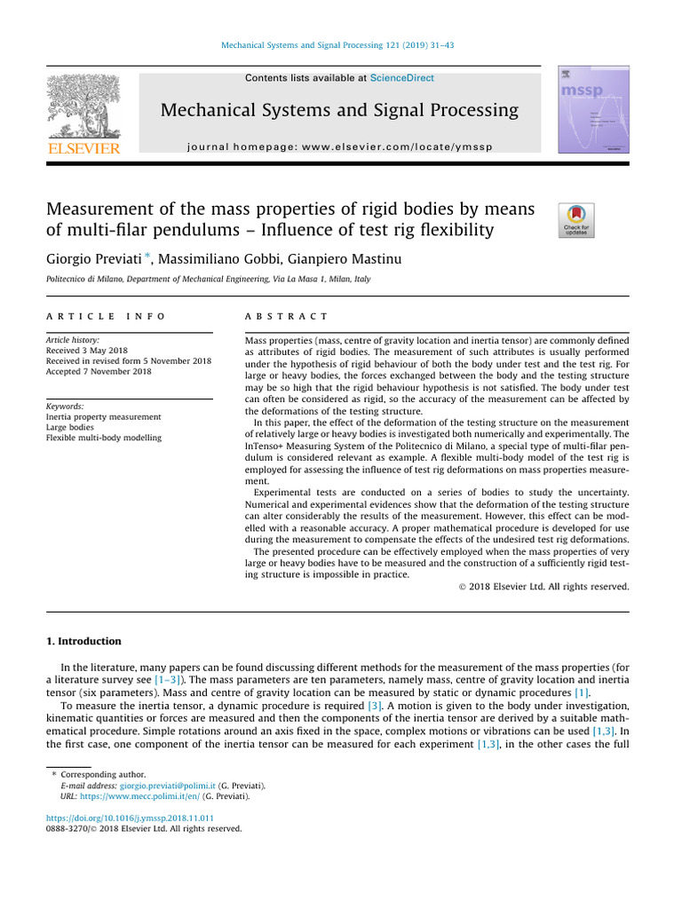 Measurement of The Mass Properties of Rigid Bodies by Means | PDF
