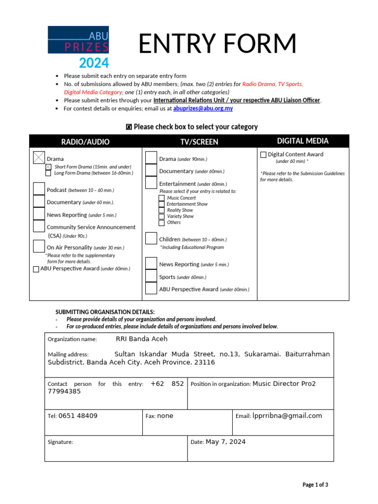 ABU Entry Form DRAMA | PDF