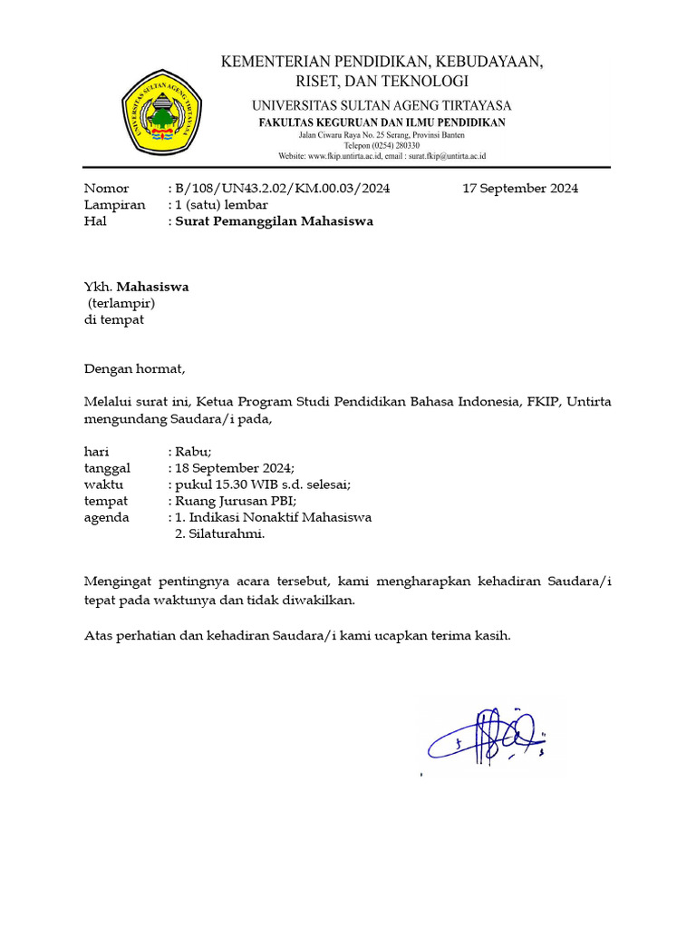 Surat Pemanggilan Pddikti Aktif Siakad Nonaktif | PDF