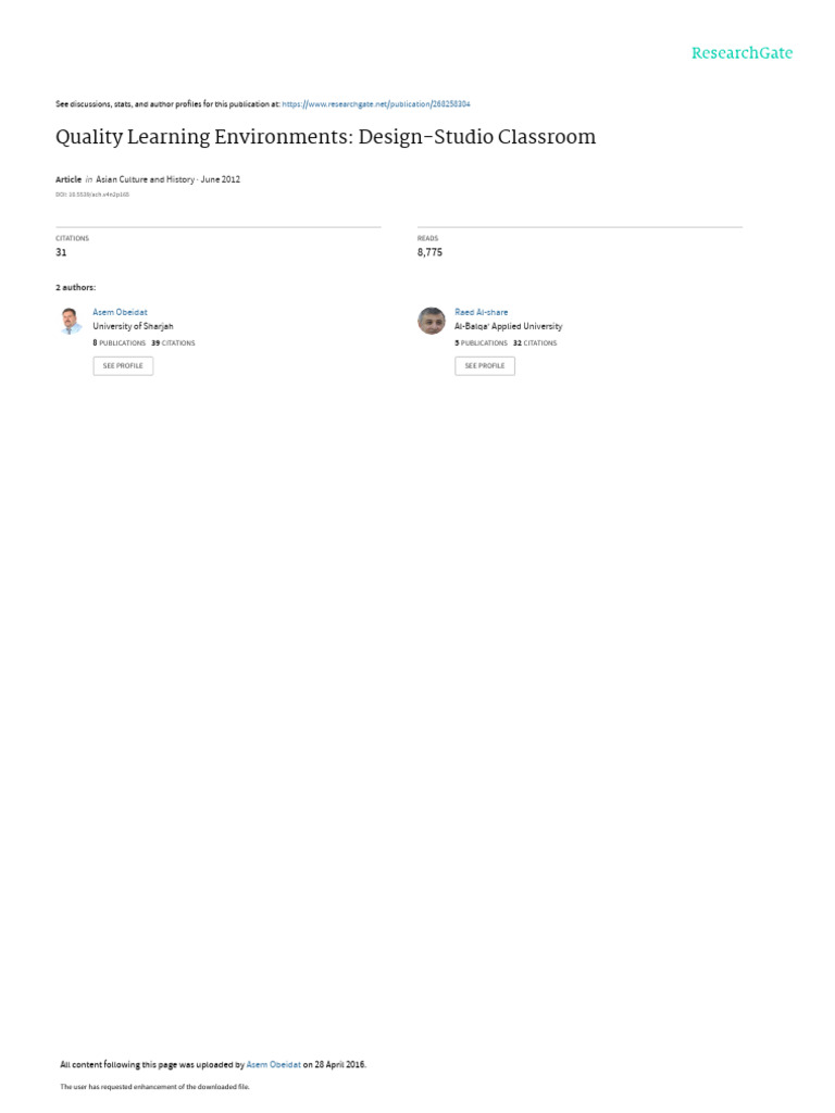 Quality Learning Environments Design Studio Classroom | PDF | Survey ...