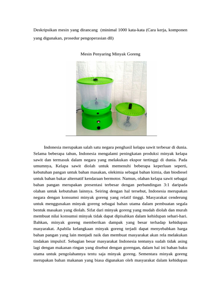 Mesin Penyaring Minyak Goreng | PDF