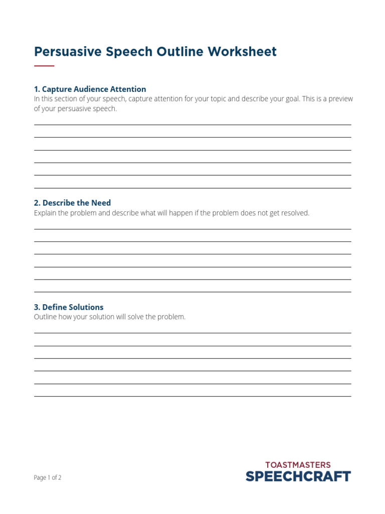 Persuasive Speech Outline Worksheet Speechcraft FF | PDF