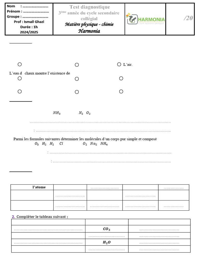 Test Diagnostique 3ac - Physique | PDF
