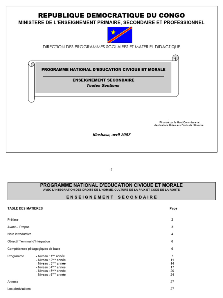 Programme Education Civique Et Morale Secondaire | PDF