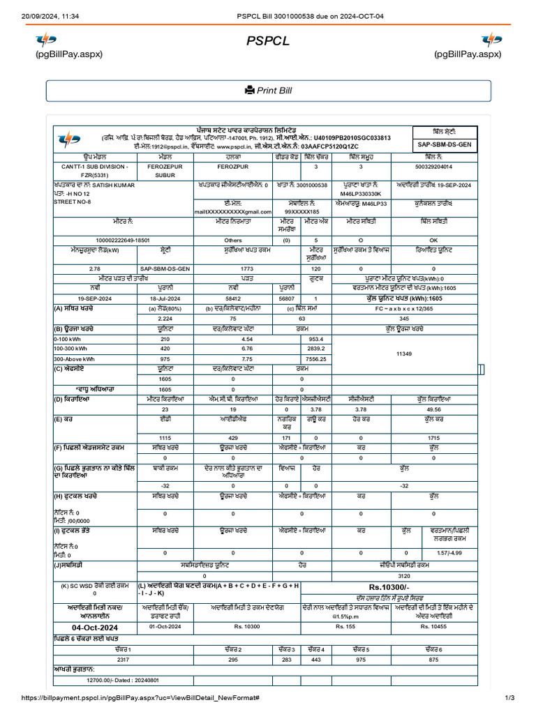 PSPCL Bill 3001000538 Due On 2024-OCT-04 | PDF