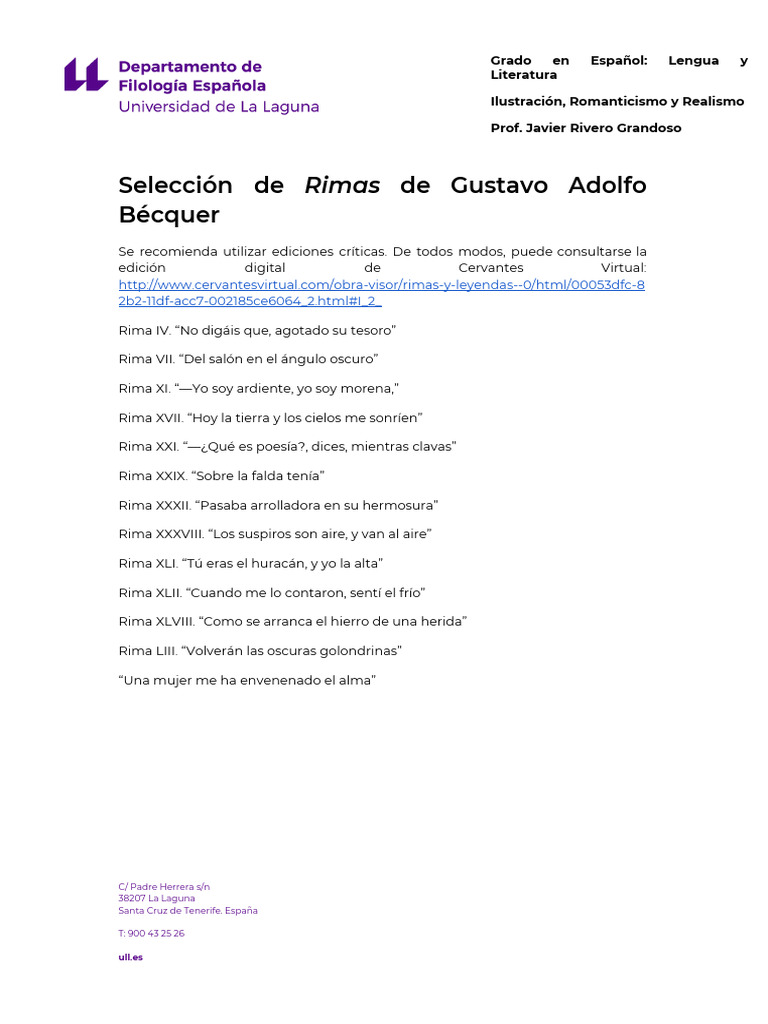 Selección de Rimas de Gustavo Adolfo Bécquer | PDF