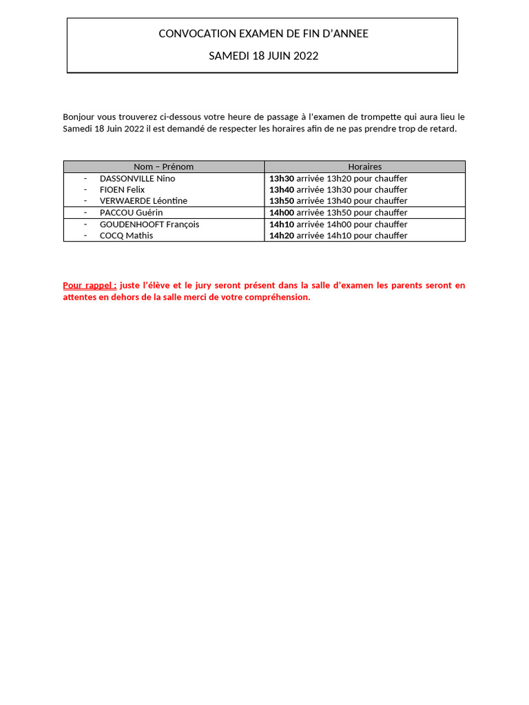 Convocation Examen | PDF