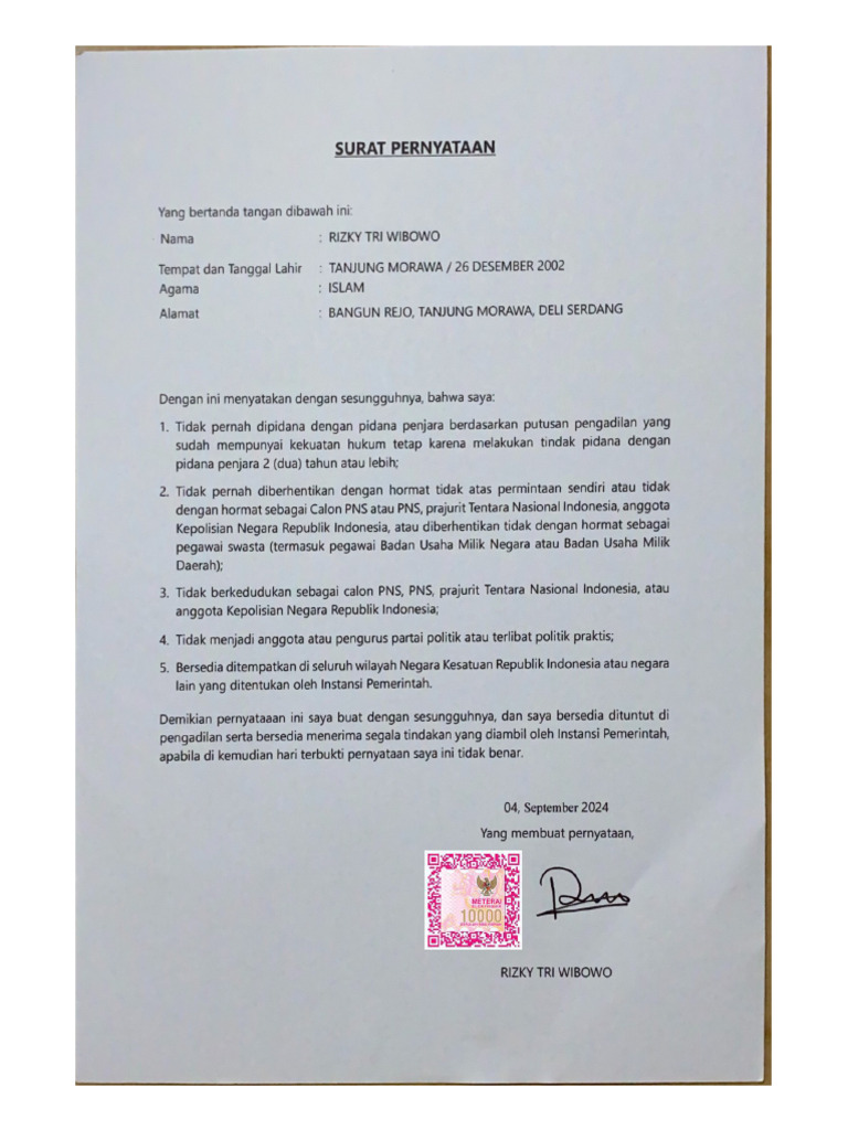 Surat pernyataan 5 poin e materai | PDF