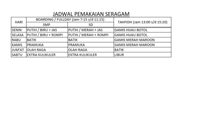 Jadwal Pemakaian Seragam | PDF