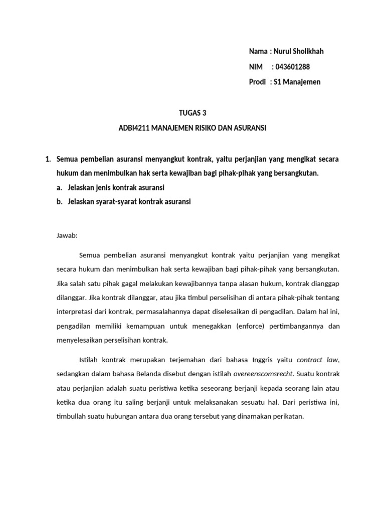 Tugas 3 - Manajemen Risiko Dan Asuransi - NURUL SHOLIKHAH | PDF