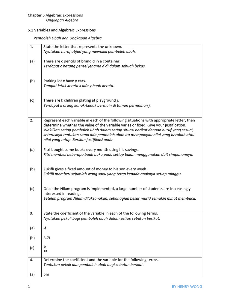 5.Algebraic Expressions | PDF