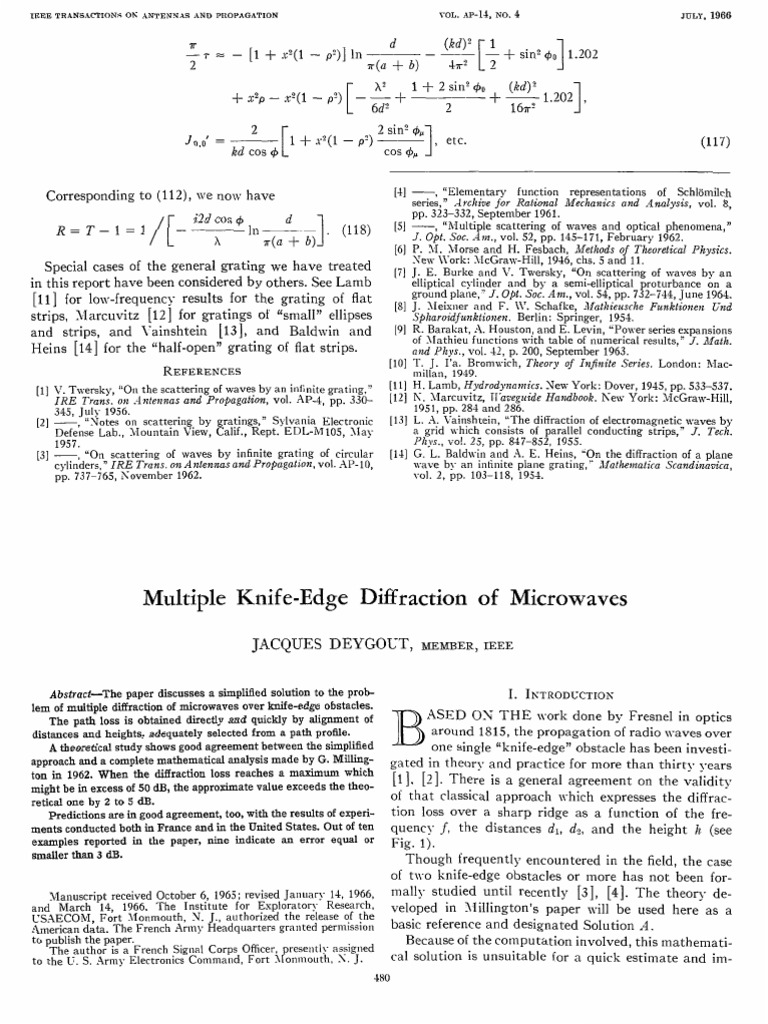 1966 - Multiple Knife Edge Diffraction of Microwaves | PDF