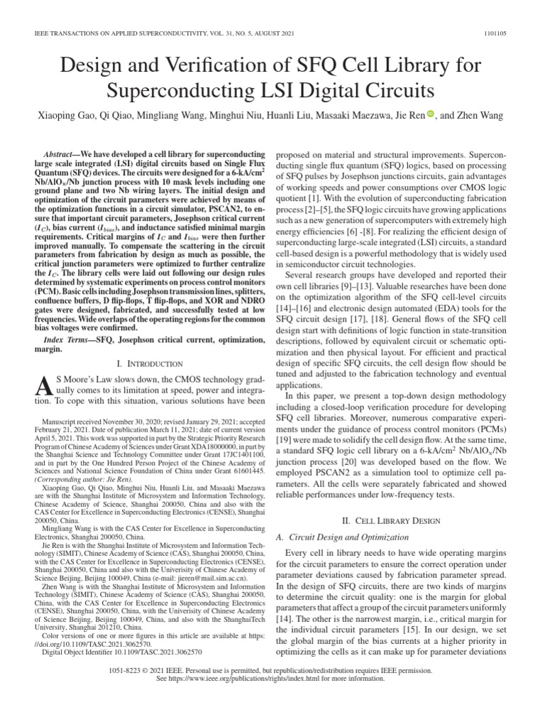 Design And Verification Of Sfq Cell Library For Superconducting Lsi Digital Circuits Pdf
