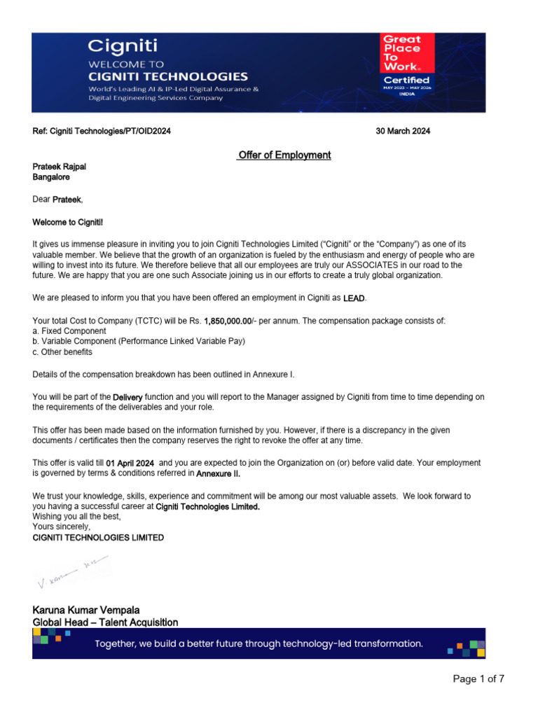 Offer Letter Cigniti 2024 | PDF