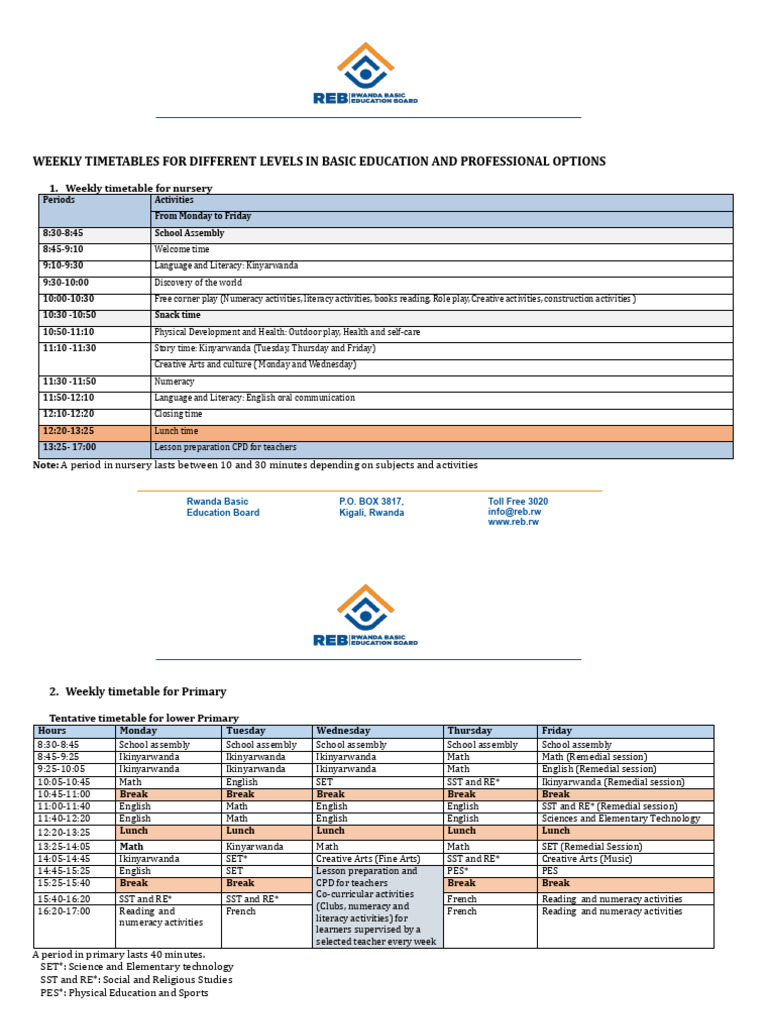 Weekly Timetables For Different Levels in Basic Education and Professional Options 2023 | PDF ...