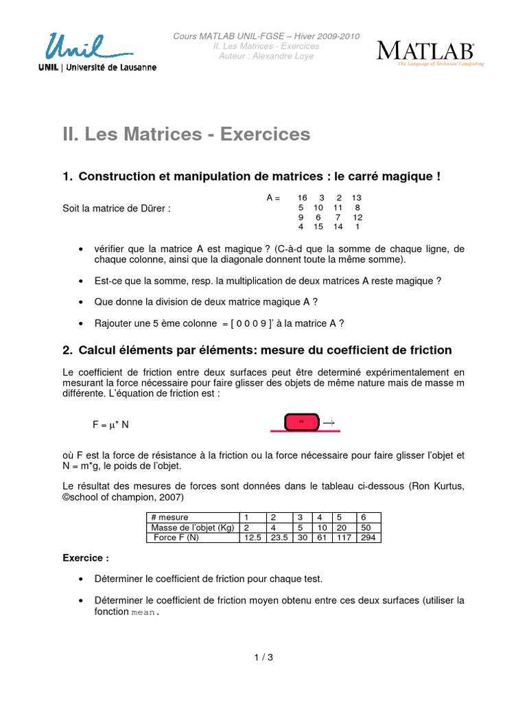 MATLAB Matrices Exercises | PDF