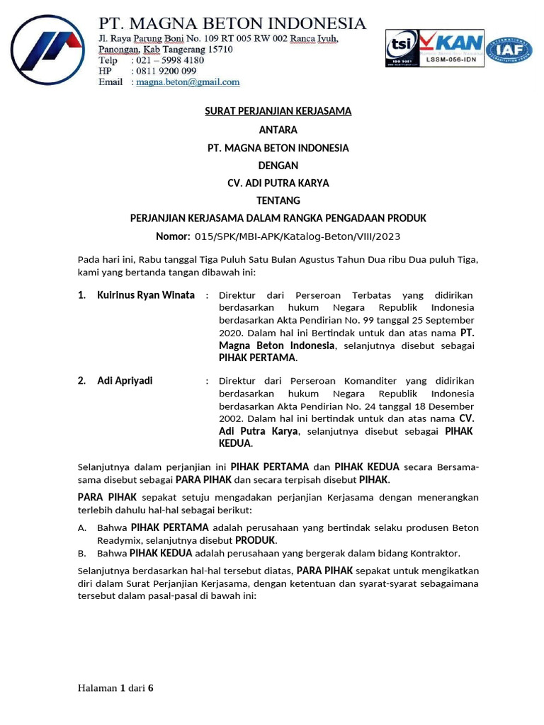 Contoh Kso Adi Putra Karya | PDF