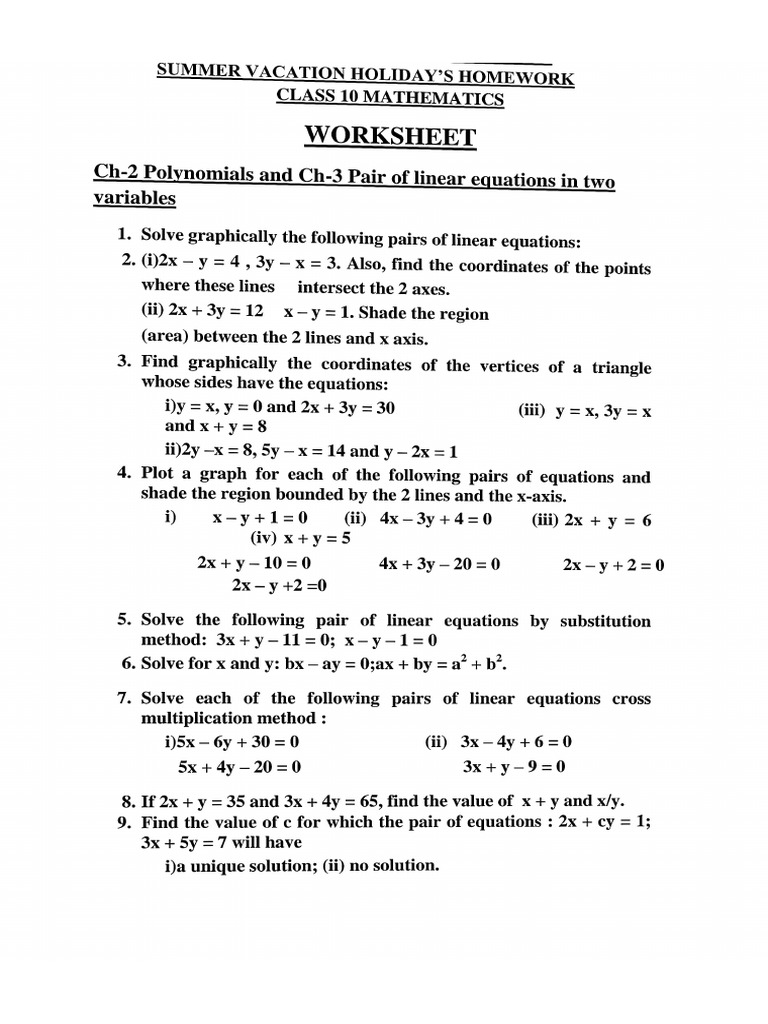 X Maths Holiday Homework | PDF